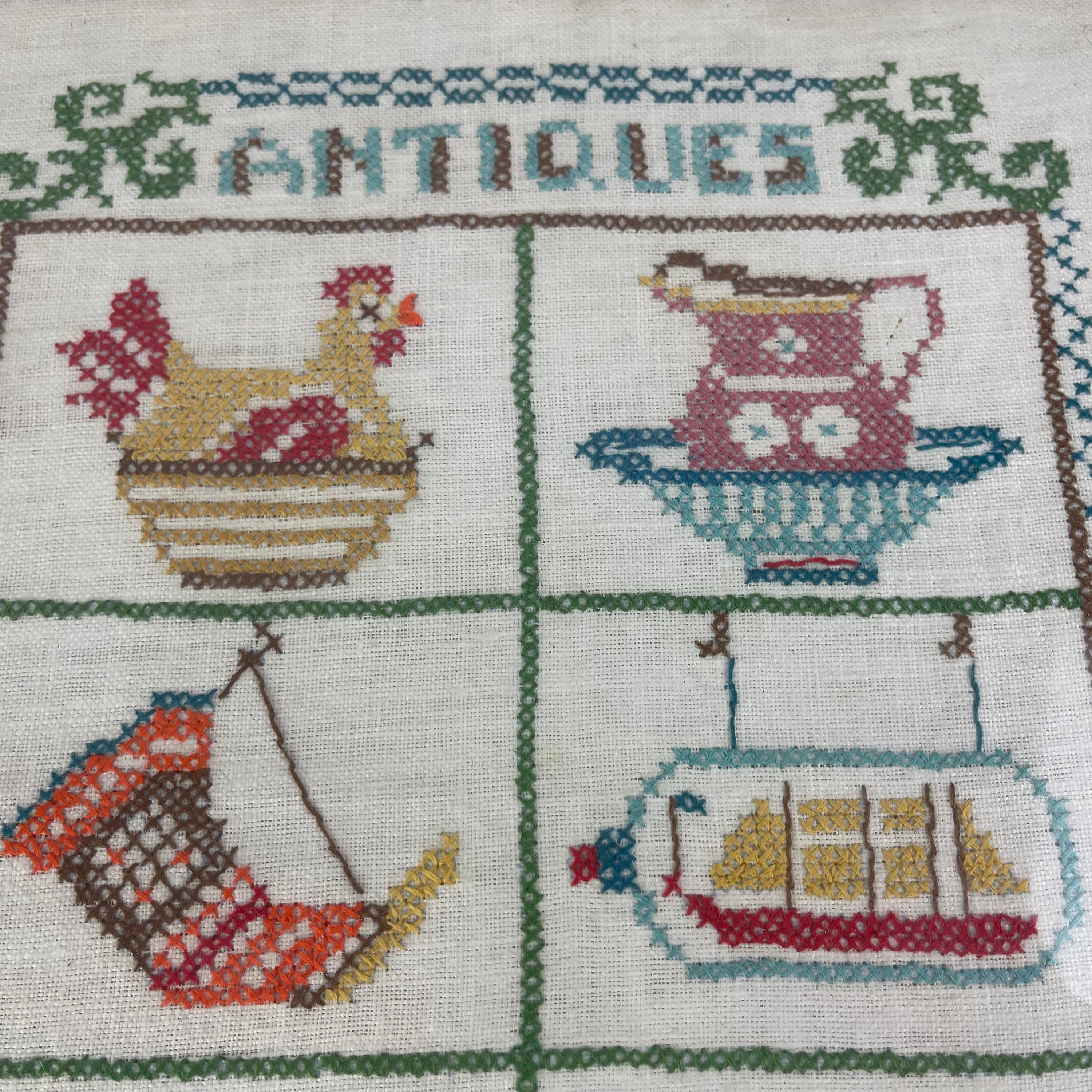 Vintage Painted Wood Framed Hand Embroidery Cross Stitch Sampler ...