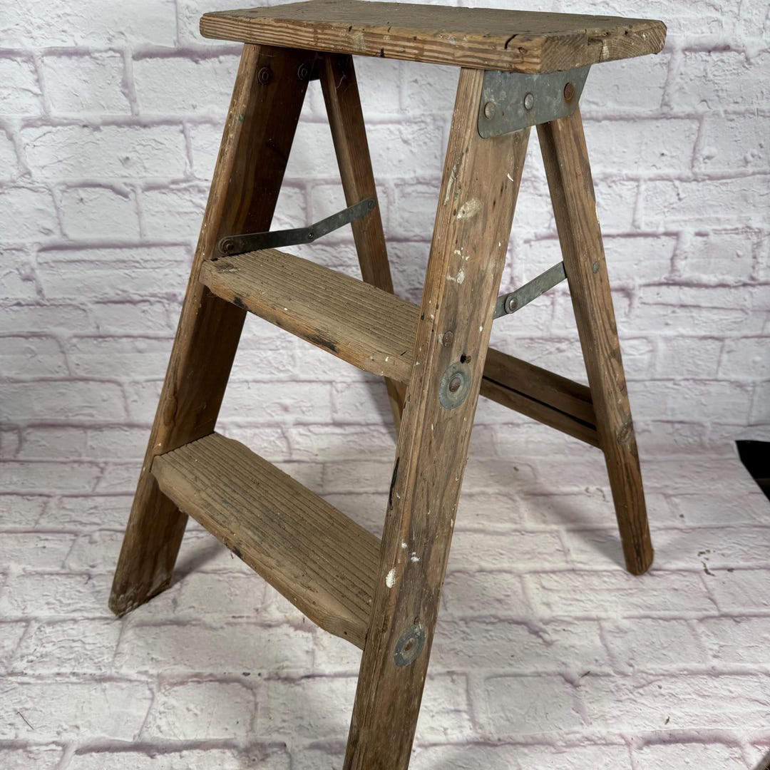 Vintage Small Wood Folding Small Step Ladder Plant Stand Shelf Paint ...