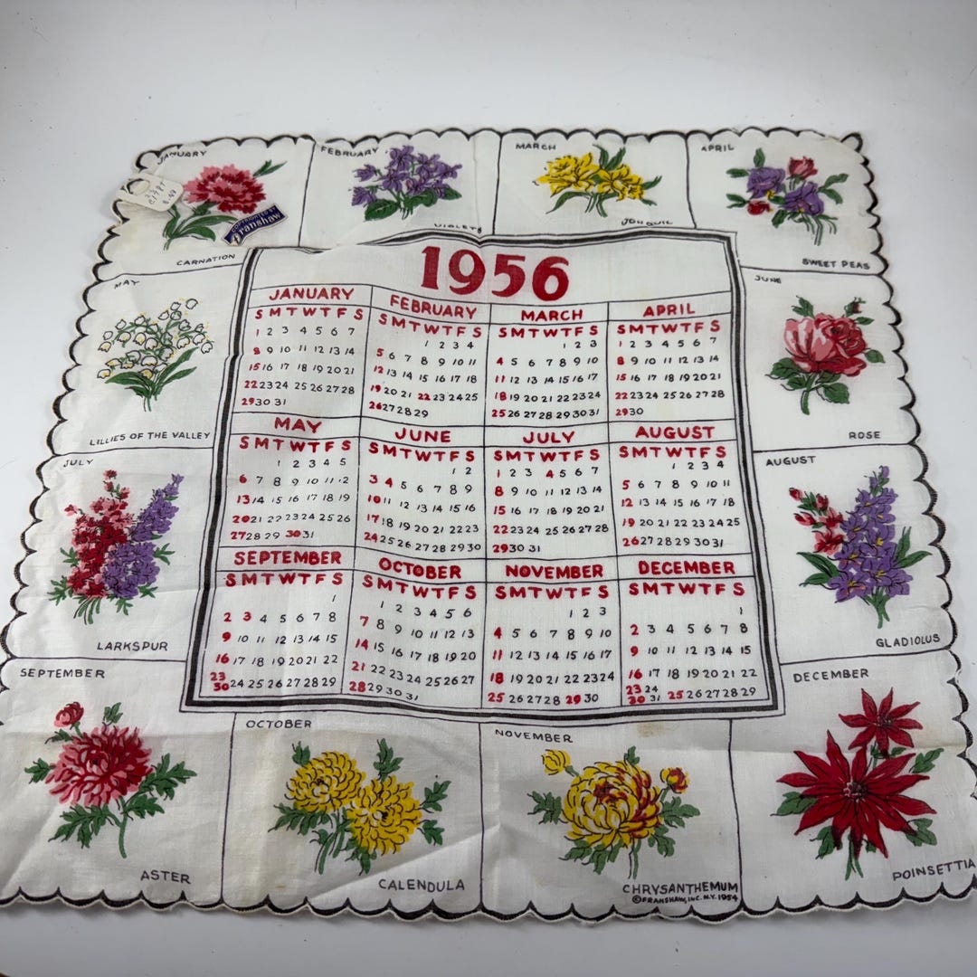Vintage Ranshaw 1956 Calendar Handkerchief With Tags Flowers of the ...