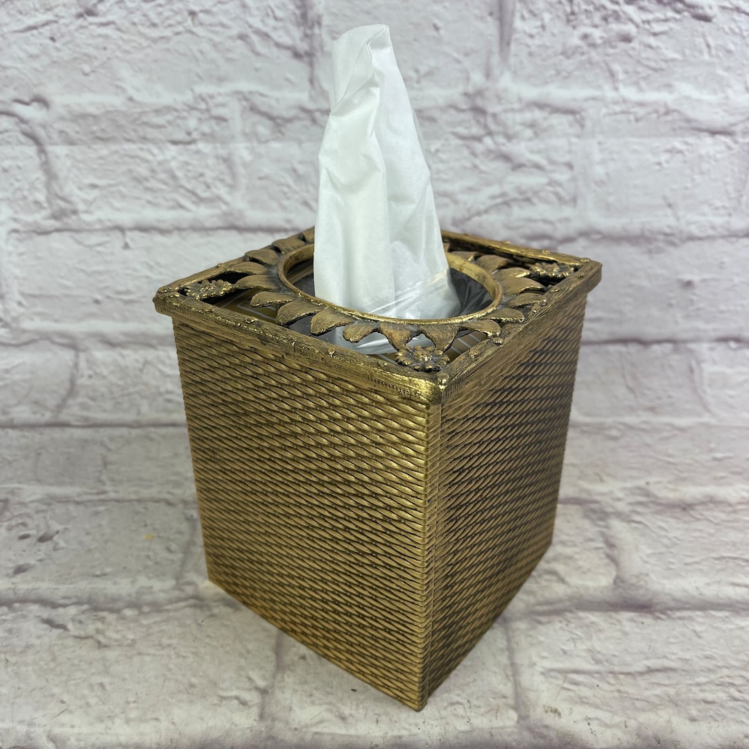 Vintage Gold Metal Tissue Box Wasketweave Design With Flowers - Etsy