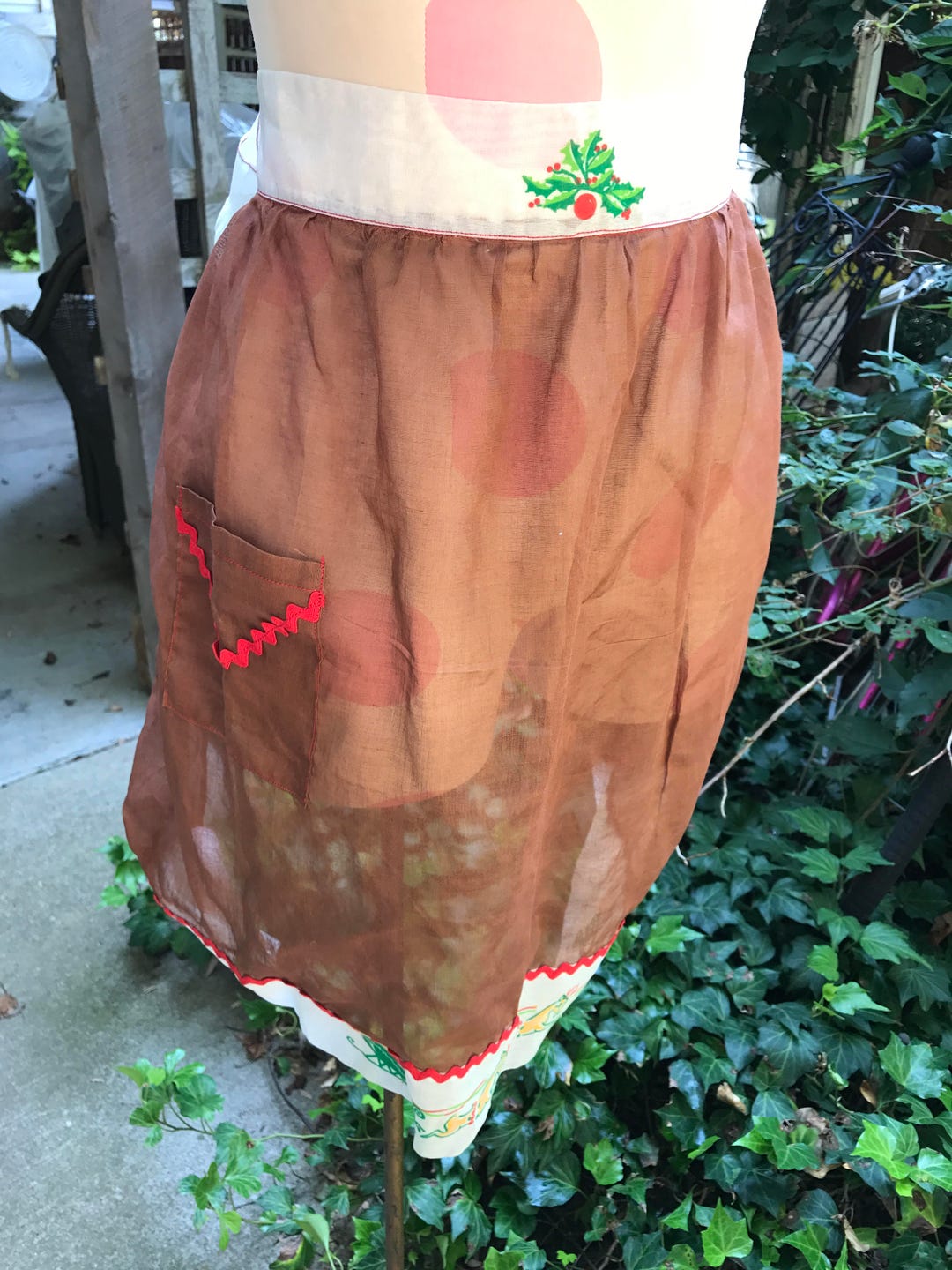 Vintage Brown and White Sheer Organdy Christmas Half Apron With Santa ...