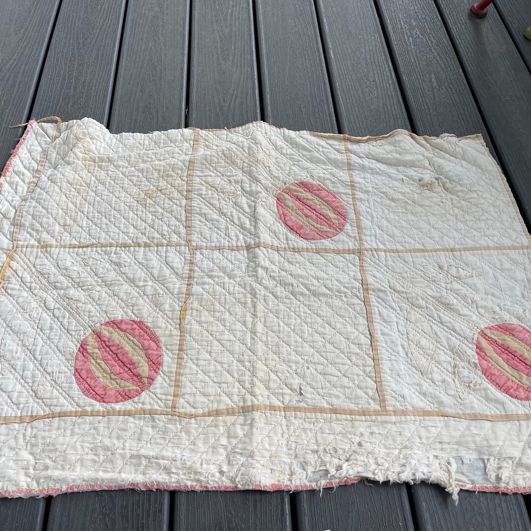 Vintage Antique Floral Appliqué Cutter Quilt Piece Fine Hand Quilting ...