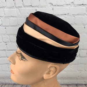 Vintage Ladies’ Black Velvet Toque Style Hat With Copper, Black and ...