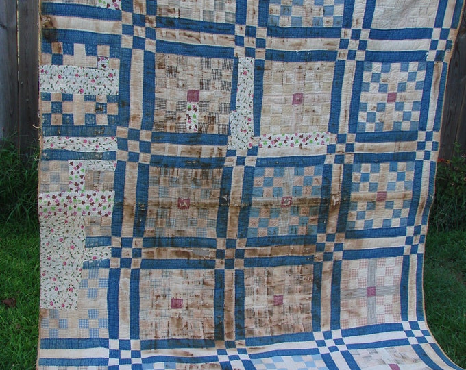 Vintage Early Blue Nine Patch Cutter Quilt Blue Gingham Back Neat Old ...