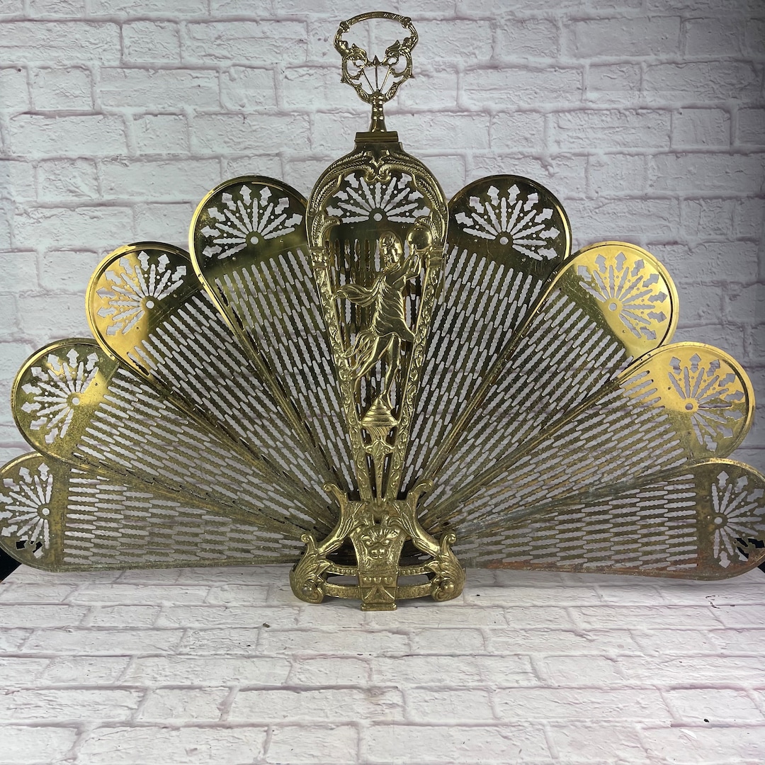 Vintage Brass Folding Fan Fireplace Screen Figural Peacock Style - Etsy