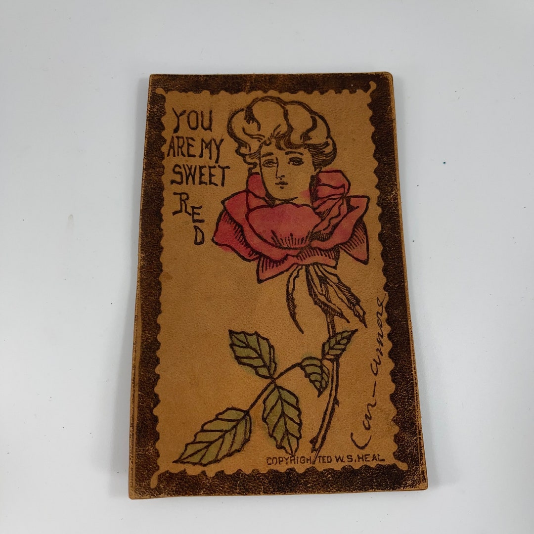 Antique Vintage Early 1900's Leather Postcard Victorian Lady in a Rose ...