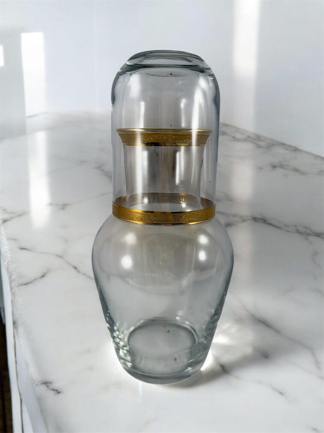 Vintage Glass Bedside Water Bottle Tumble up Carafe and Drinking Glass ...