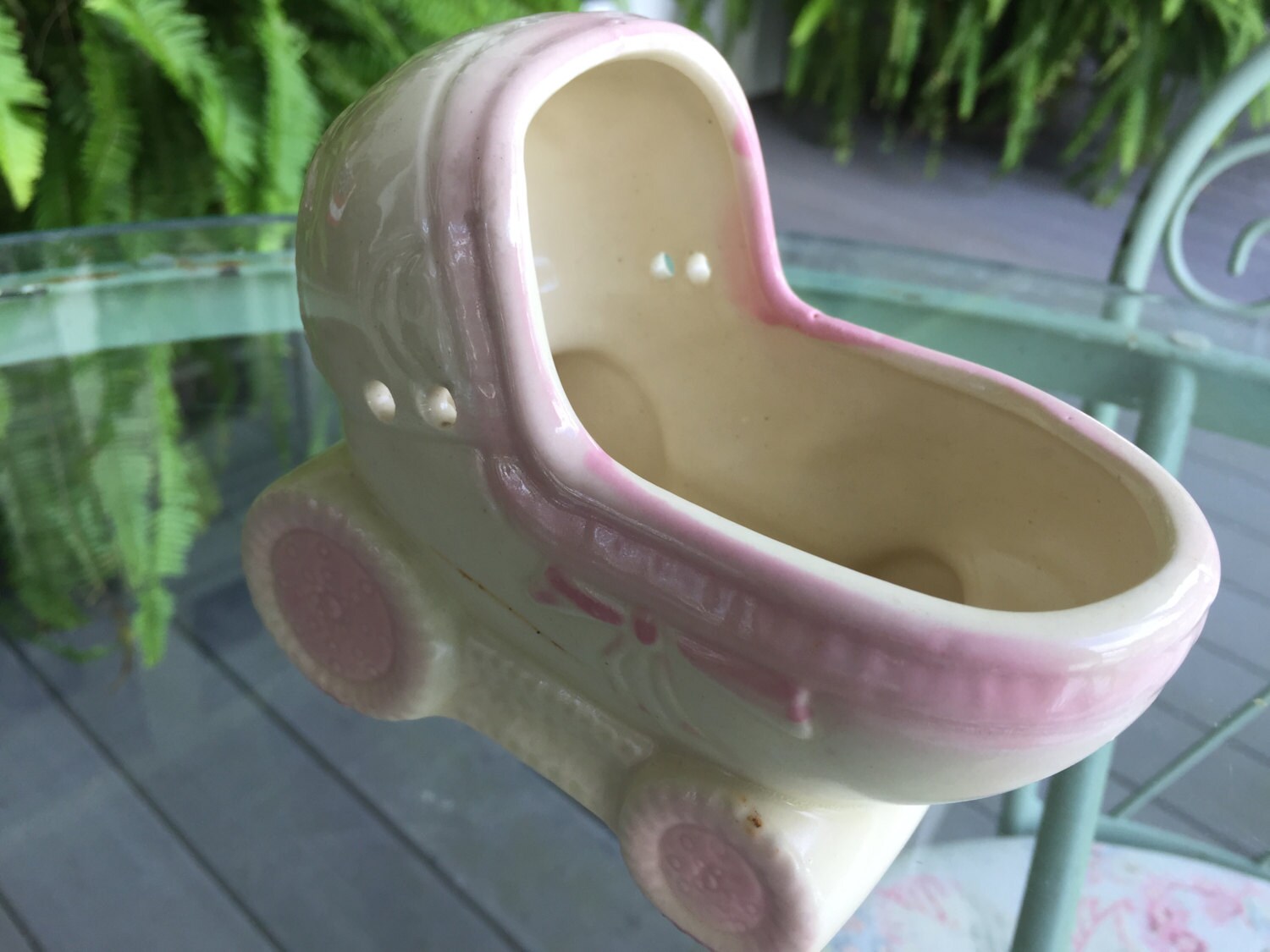 Vintage Pink and White Pottery Baby Buggy Planter Flower Pot Planter ...