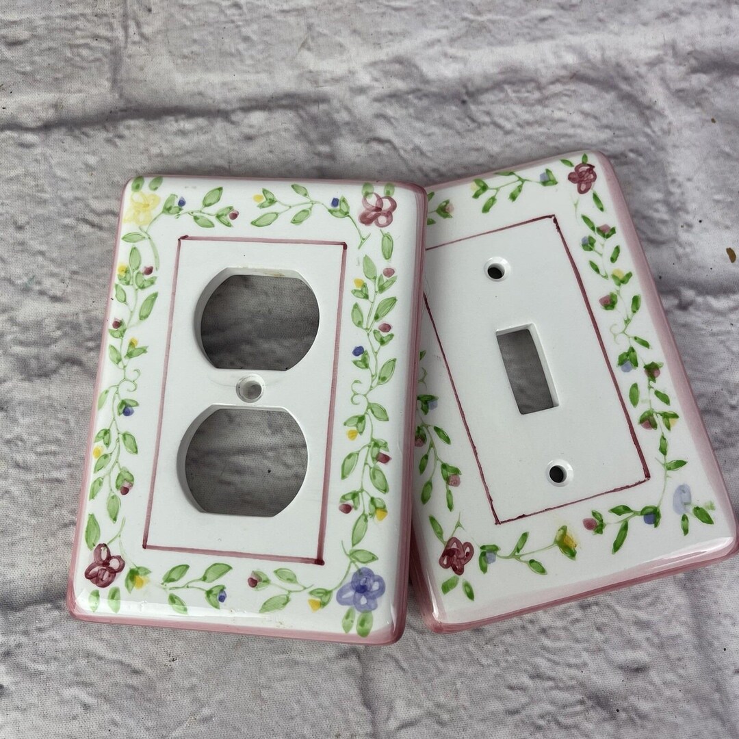 Vintage Pink & White Ceramic Switch Plate, Outlet Cover Flowers ...