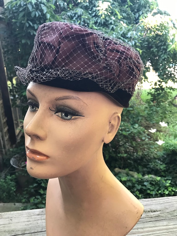 Vintage Brown Velvet Satin and Netting Ladies' Hat | Etsy