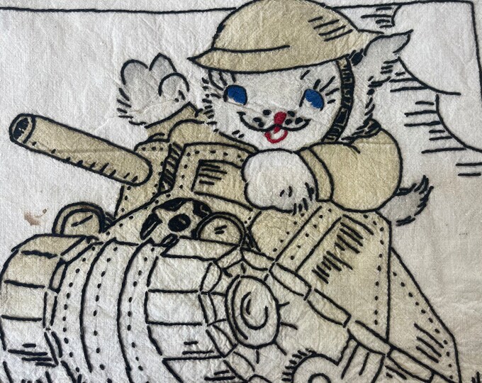 Vintage Tinted Embroidery Cat World War II Era Pillow Cover Soldier Cat ...