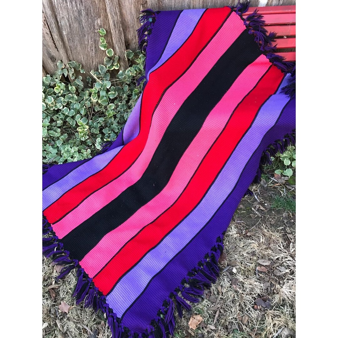 Vintage Colorful Hand Crochet Striped Afghan With Fringed Ends - Etsy