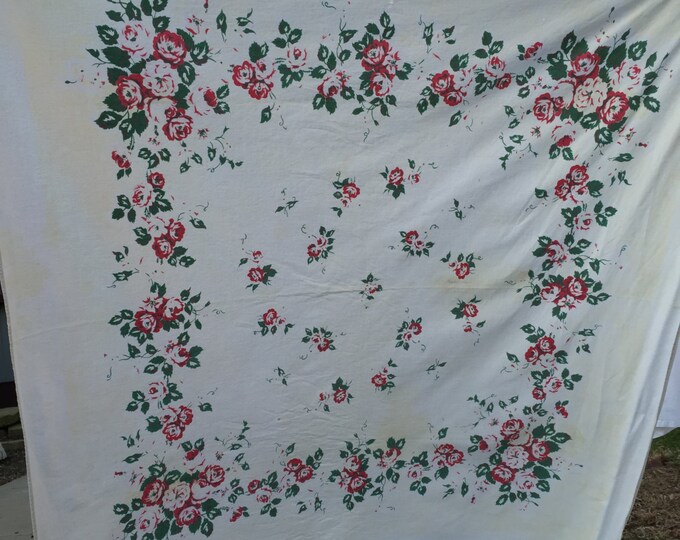 Vintage White With Red Roses Tablecloth - Etsy