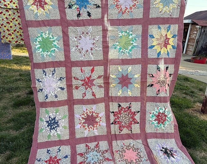 Vintage Machine Pieced Star Pattern Quilt Top Old Cotton Feed and Flour ...