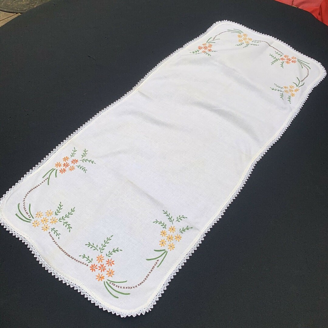 Vintage off White Table Runner With Hand Embroidery Yellow Flowers ...