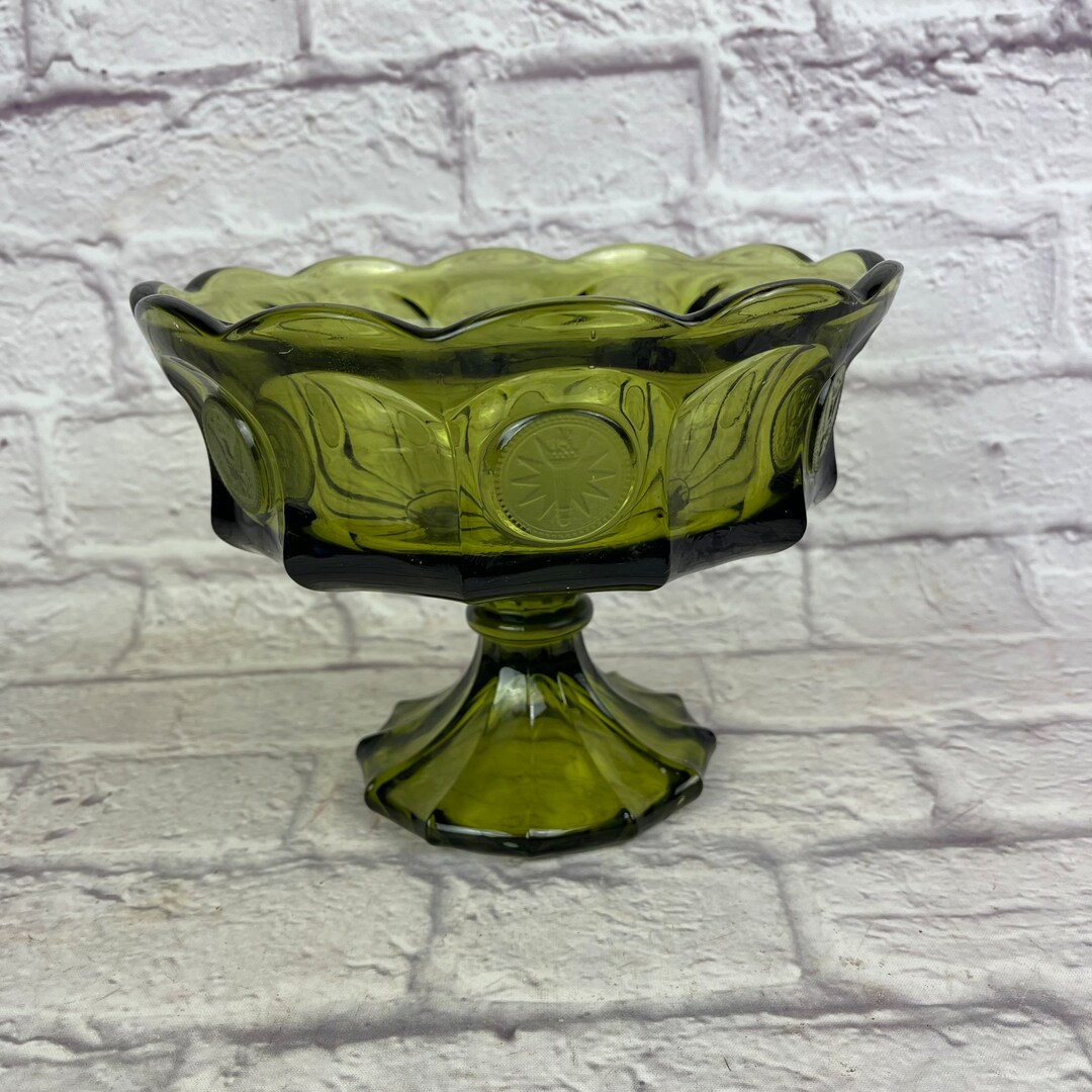 Vintage 1960's Fostoria Coin Glass Compote Fruit Bowl Olive Green Large ...