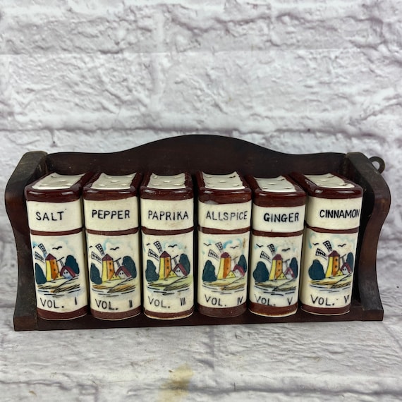 Vintage Book Shaped Spice Shaker Set With Wood Spice Rack - Etsy