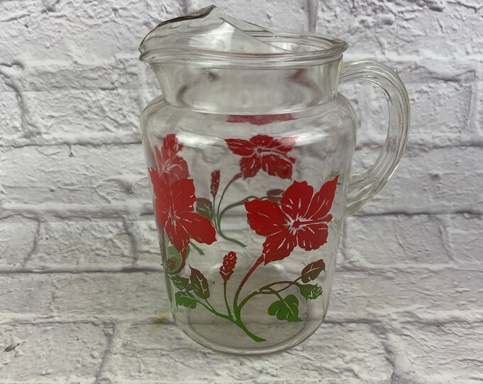 Vintage 1950's Retro Iced Tea Pitcher With Red Floral Design - Etsy