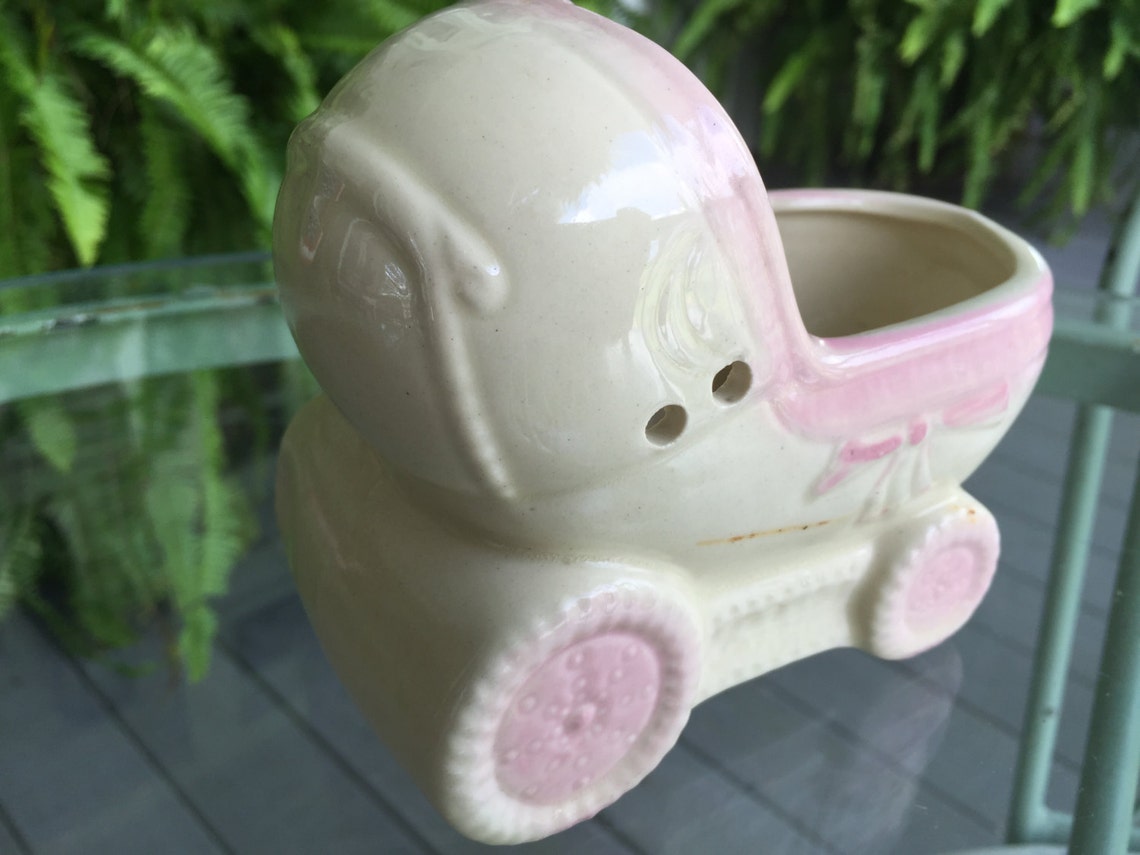 Vintage Pink and White Pottery Baby Buggy Planter Flower Pot | Etsy