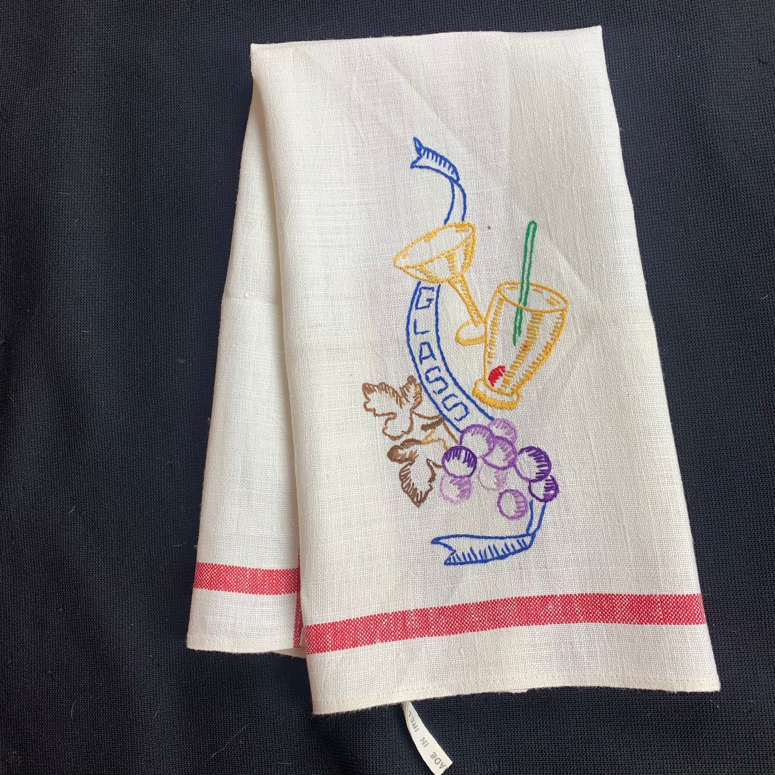 Vintage Red & off White Linen Kitchen Dishcloth/dish Towel With Hand ...