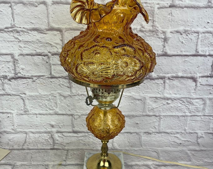 Vintage Amber Glass Fenton Cabbage Rose Student Lamp With Marble Base ...