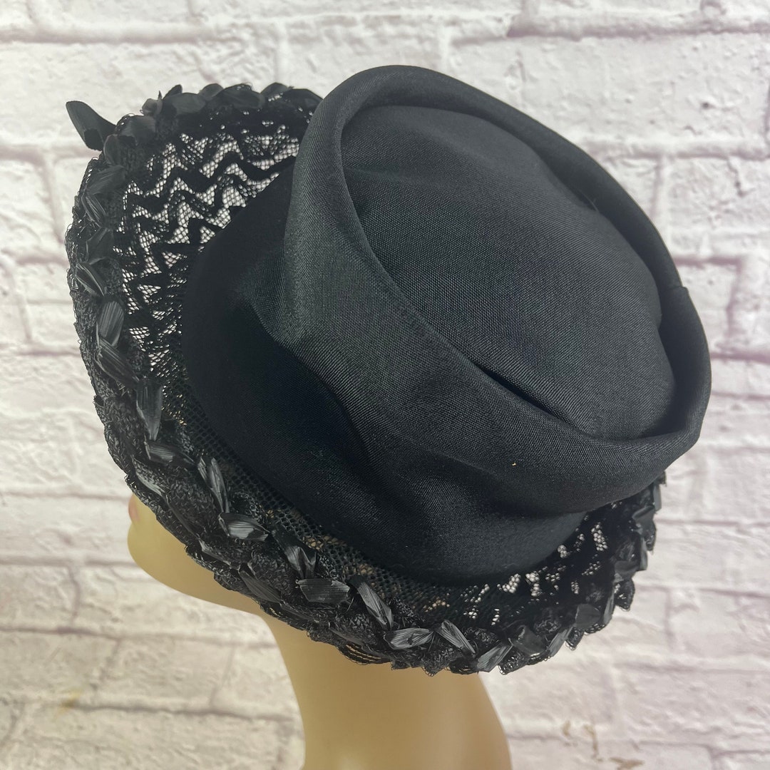 Vintage Ladies Black Hat With Straw Trim Brim - Etsy