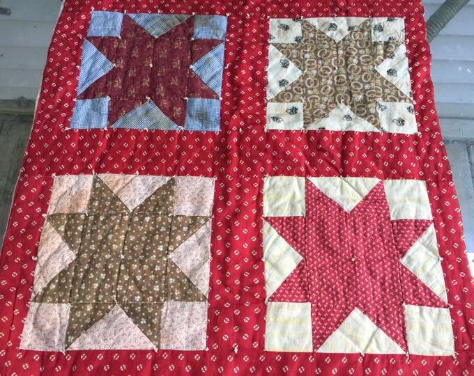 Vintage Early Red Calico Star Pattern Hand Tied Cutter Quilt Piece - Etsy