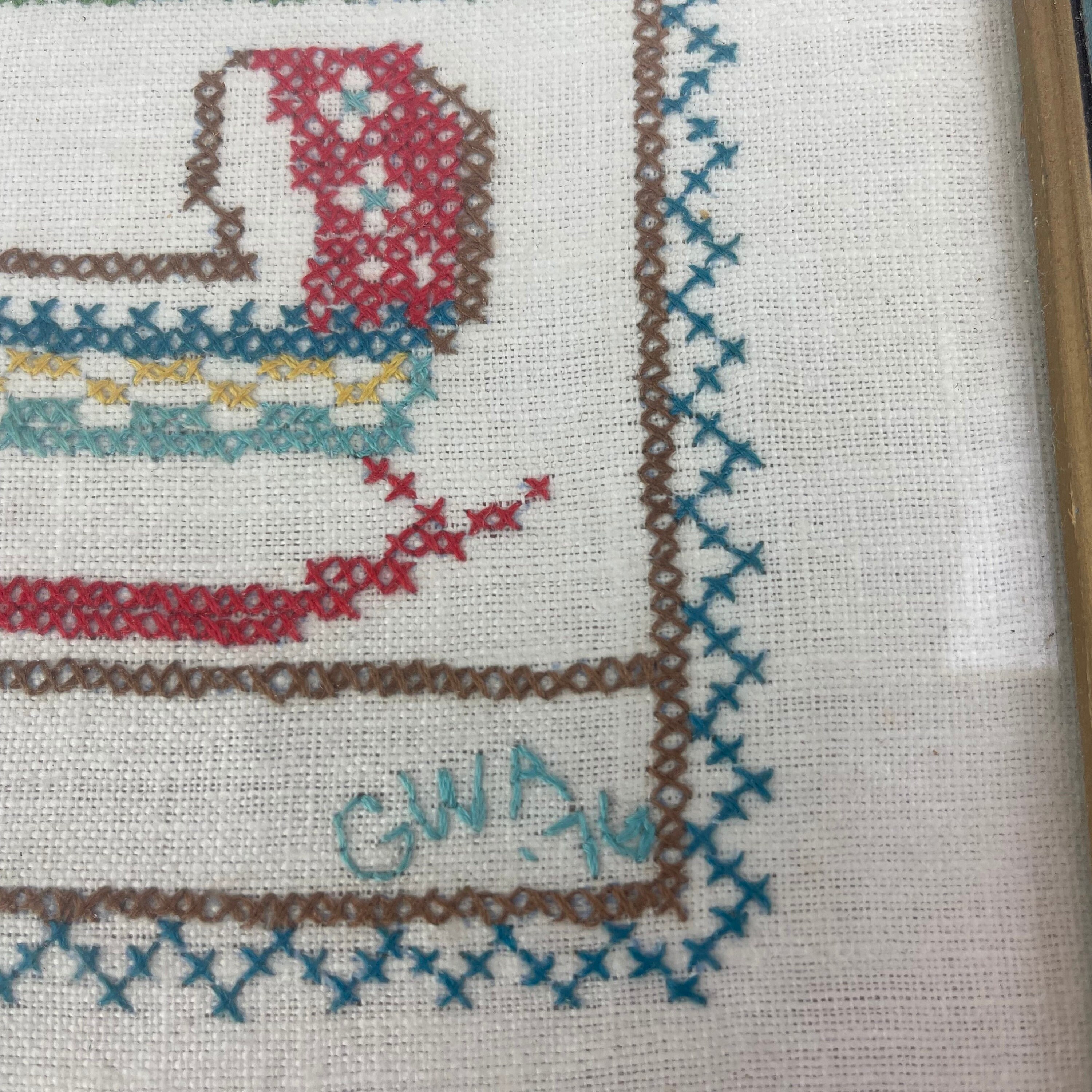 Vintage Painted Wood Framed Hand Embroidery Cross Stitch Sampler ...