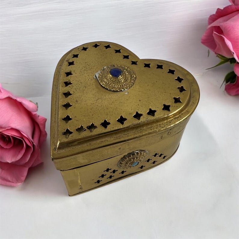 Vintage Solid Brass Heart Shaped Lidded Bejeweled Box Incense Potpouri ...