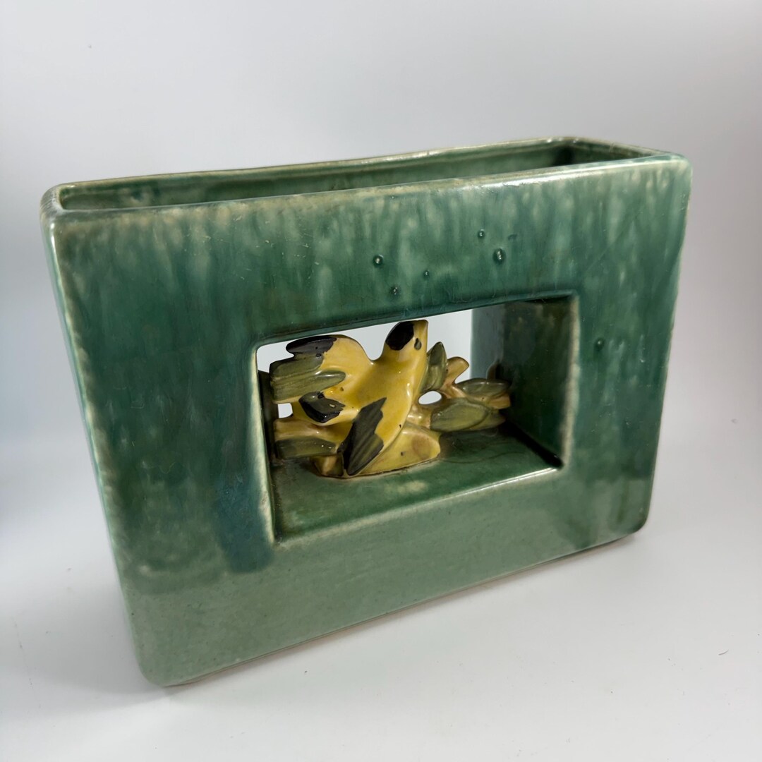 Vintage 1951 Mccoy Arcature Bird Box Planter Green With Yellow Birds ...