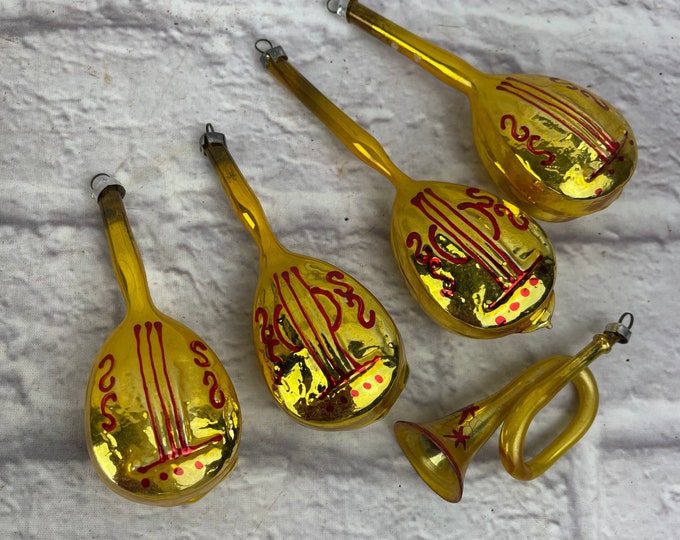4 MERCURY GLASS MUSIC Instruments Vintage Christmas Ornaments Mouth ...