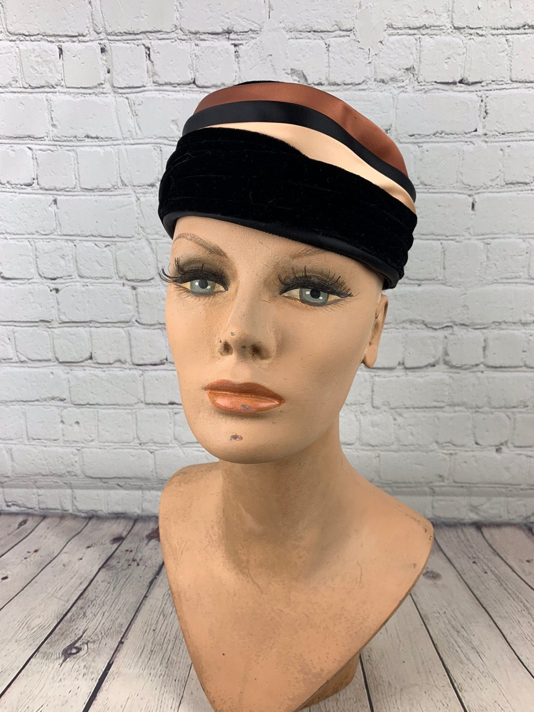 Vintage Ladies’ Black Velvet Toque Style Hat With Copper, Black and ...