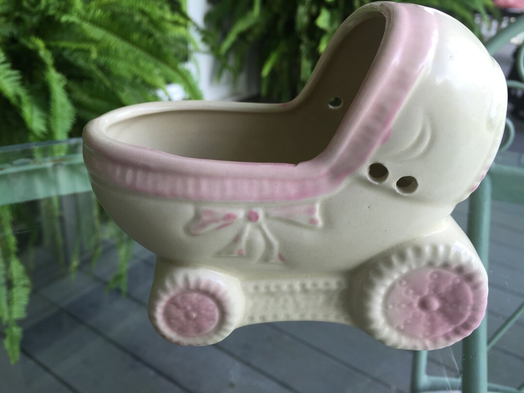Vintage Pink and White Pottery Baby Buggy Planter Flower Pot Planter ...