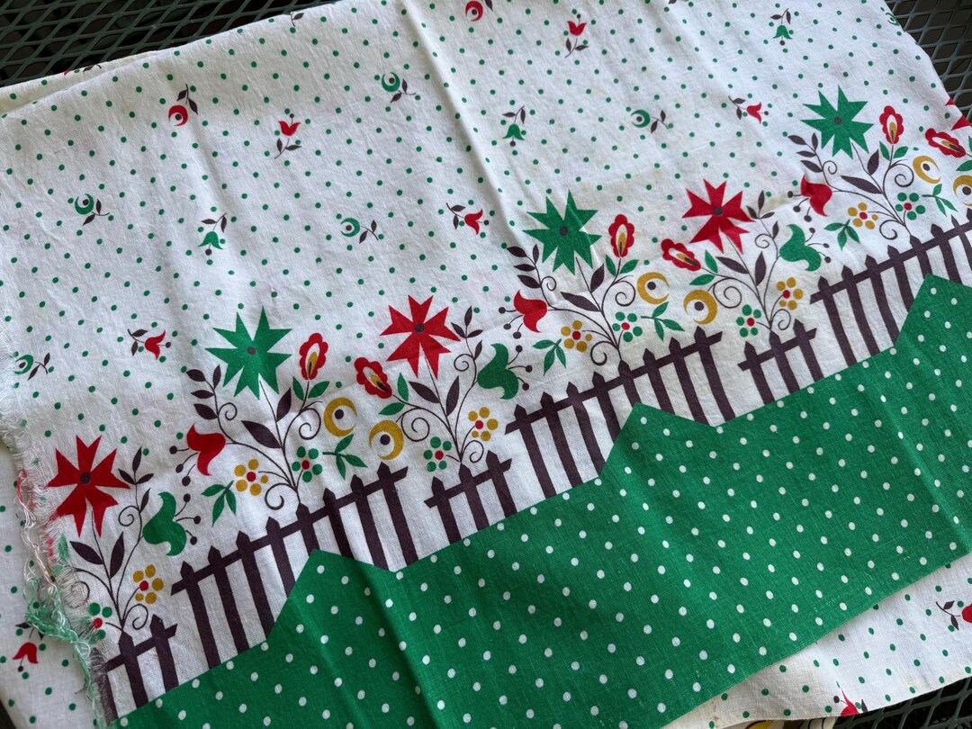 Vintage Border Print Feed Sack Polka Dot With Fence and Flowers - Etsy