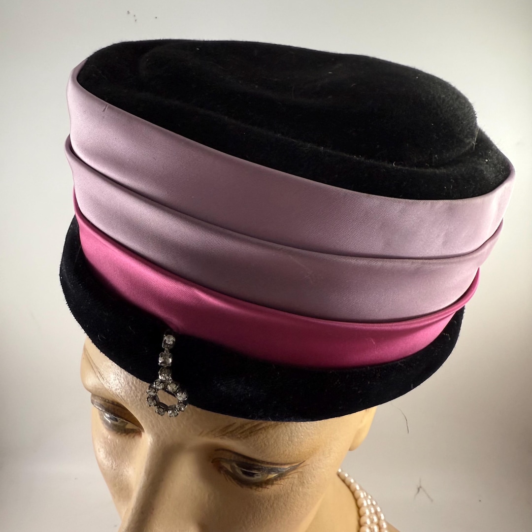 Vintage Black Pill Box Style Hat With Pink Purple Trim - Etsy