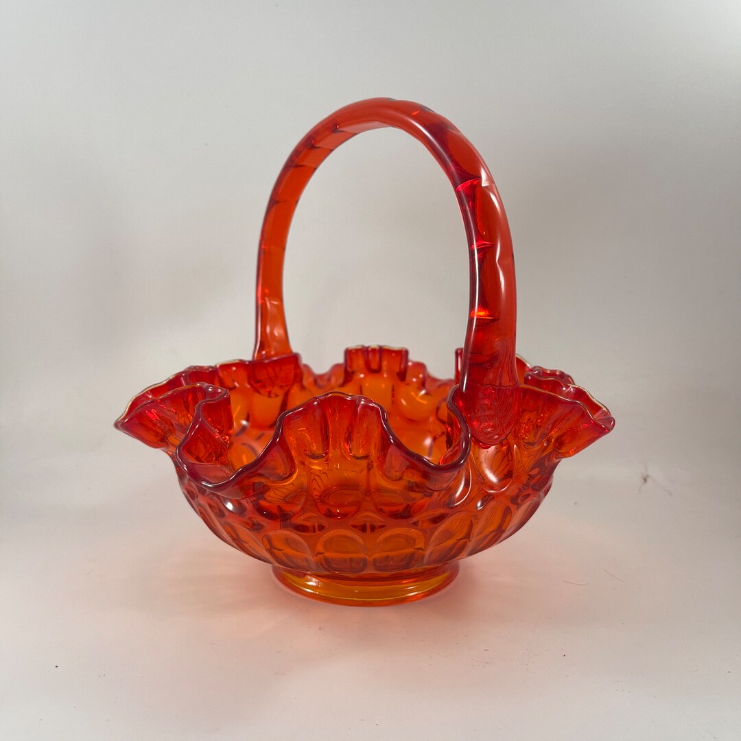 Vintage 1970's Era Amberina Glass Thumb Print Ruffled Glass Basket With ...