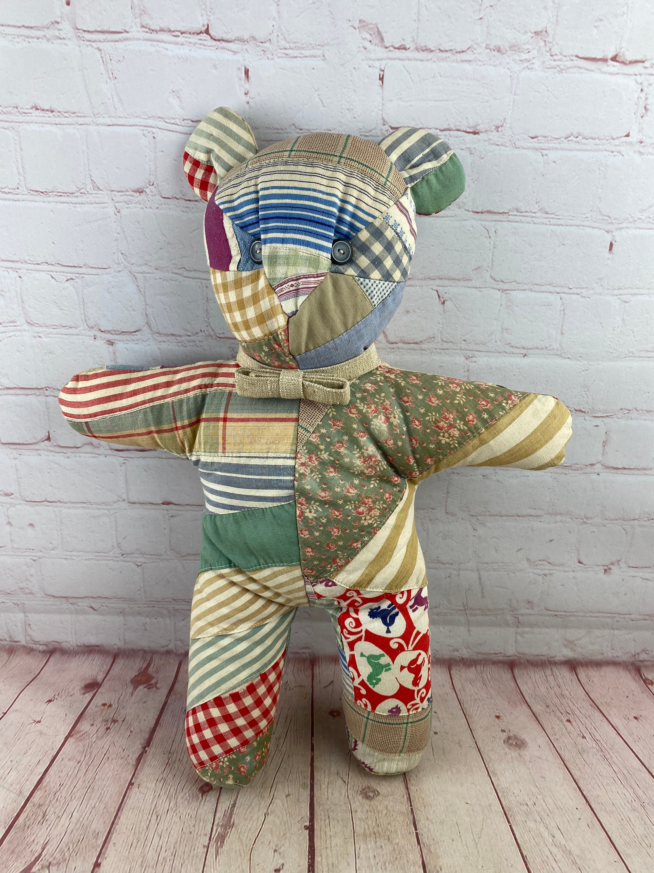 Stuffed Animals & Plushies Toys & Games Vintage Handmade Patchwork Stuffed Teddy Bear With Tweed ...