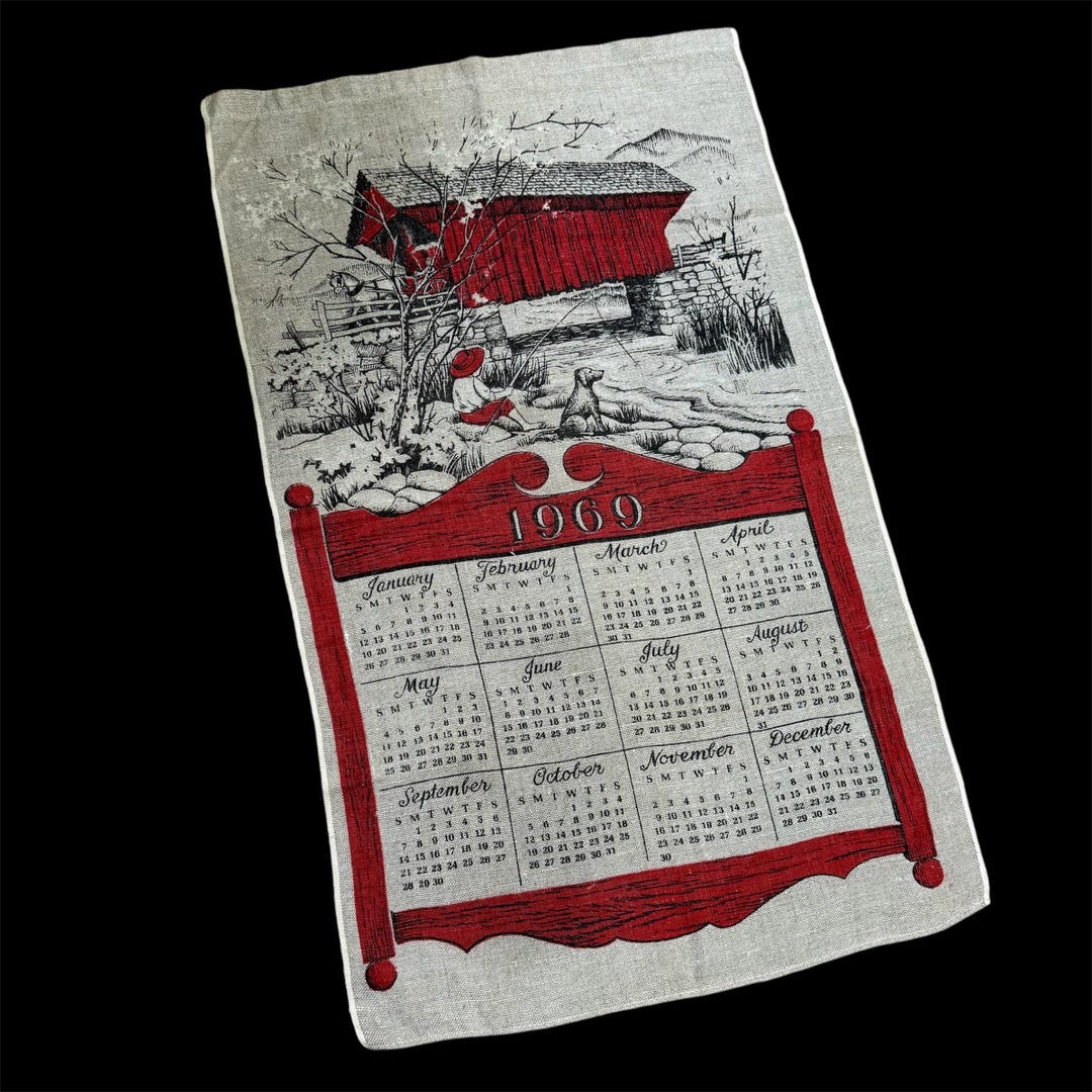 Vintage 1969 Linen Calendar Towel Covered Bridge Boy Fishing - Etsy
