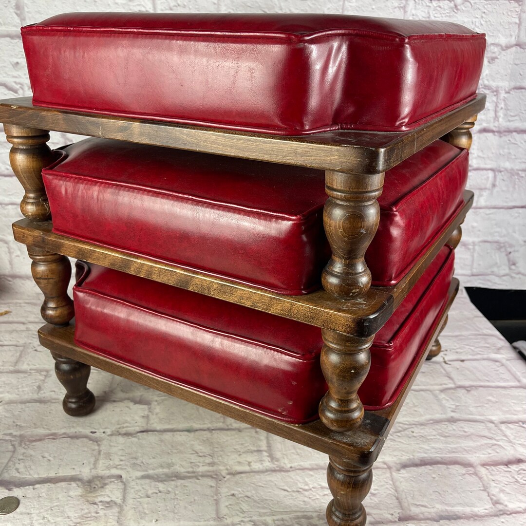 Vintage Set of 3 Ethan Allen Red Vinyl and Wood Stacking Stools Ottoman ...