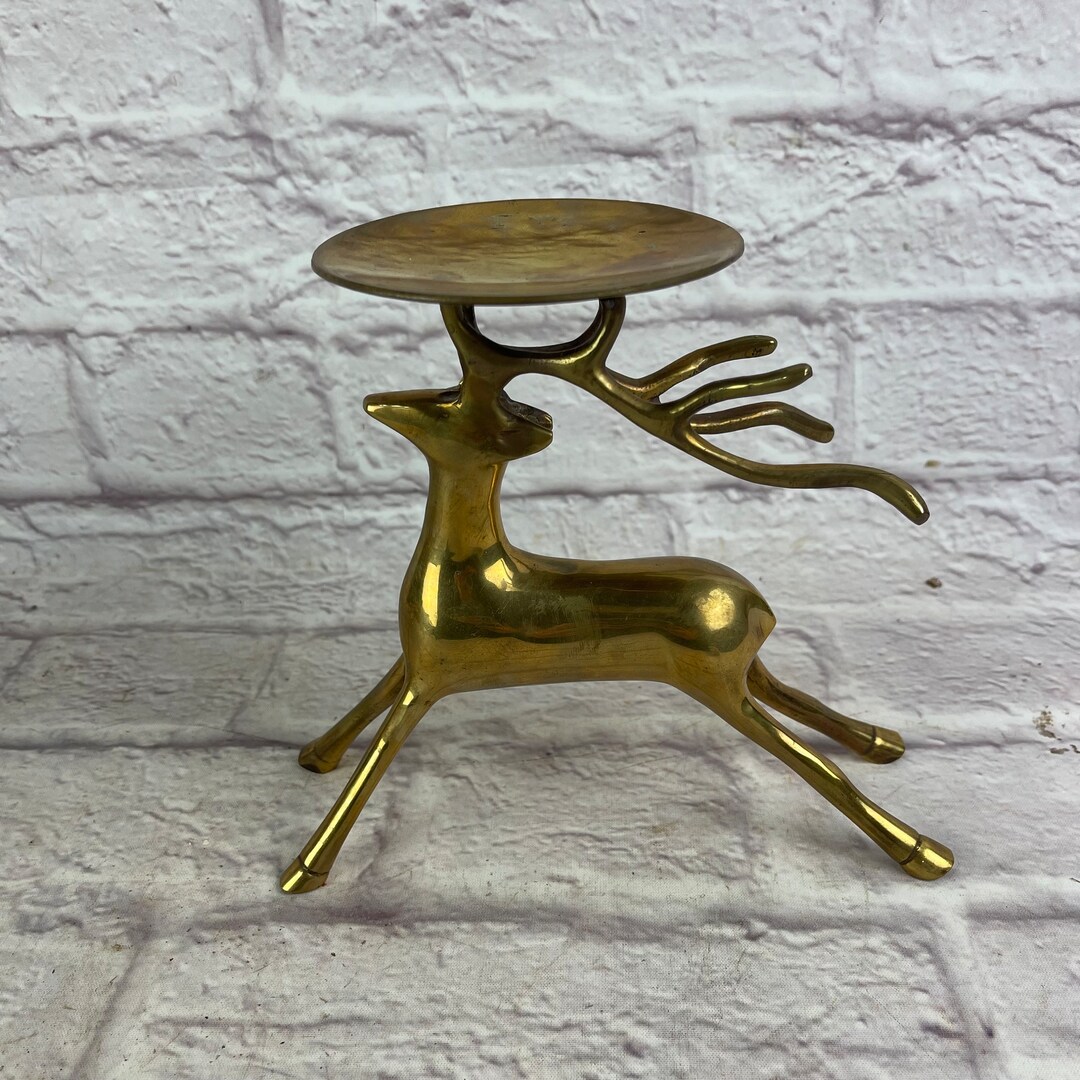 ONE Vintage Solid Brass Deer Pillar Candle Holder Candleholder - Etsy