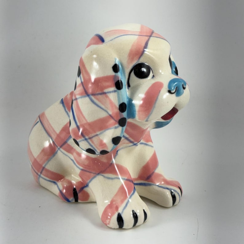 Vintage Blue and Pink Plaid Puppy Dog Ceramic Planter Flower Pot ...