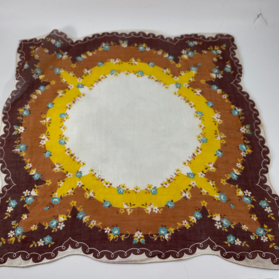 Vintage Brown and Gold Floral Print Handkerchief - Etsy