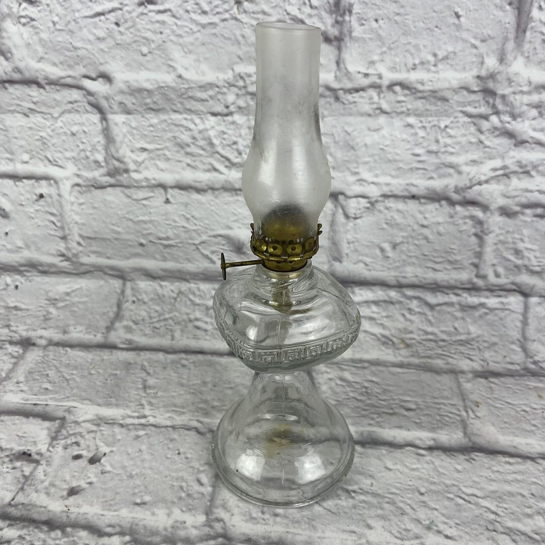 Vintage Greek Key Glass Miniature Oil Lamp W/acorn Burner & Chimney - Etsy