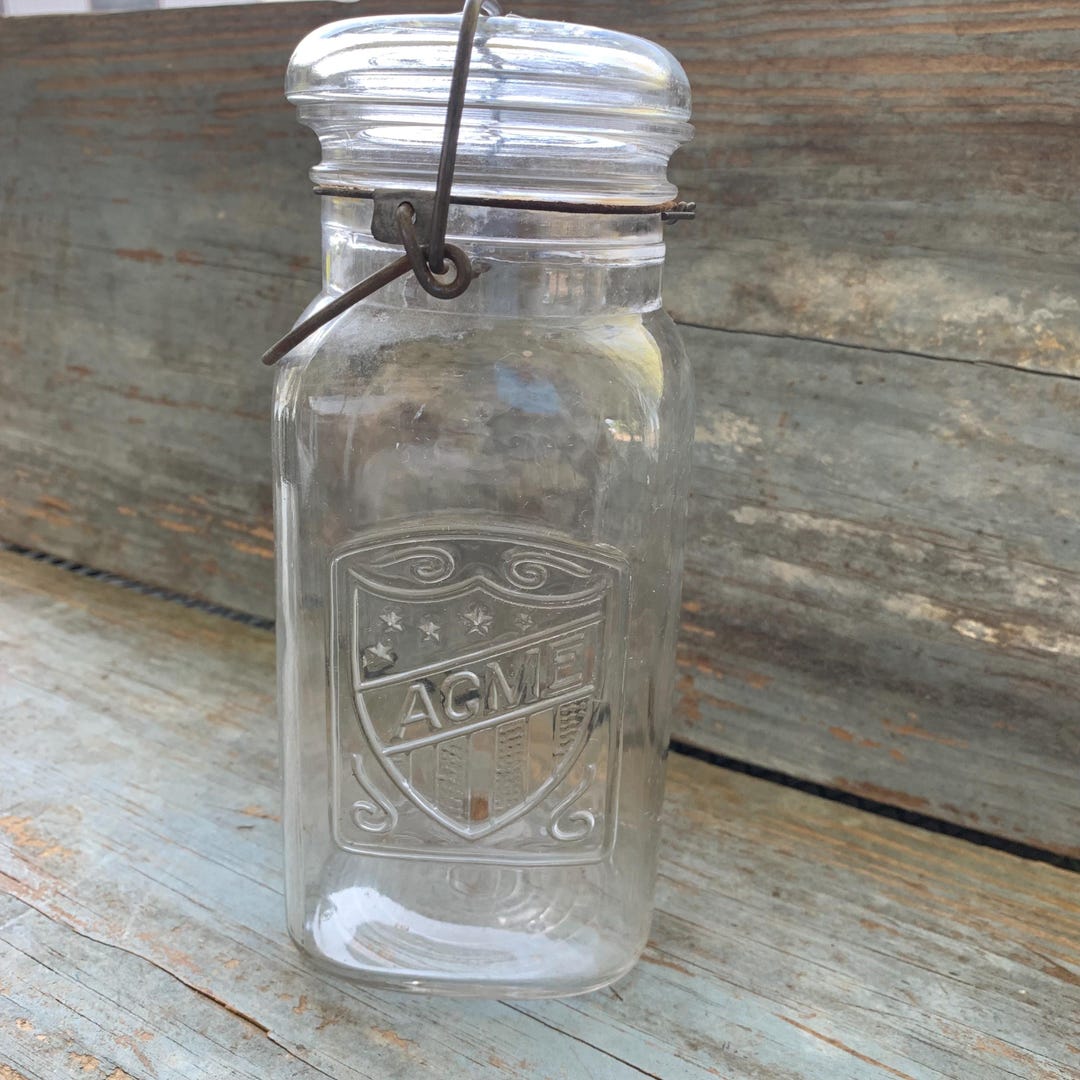 Vintage ACME Clear Glass Quart Mason Jar With Glass Lid and Wire Bail ...