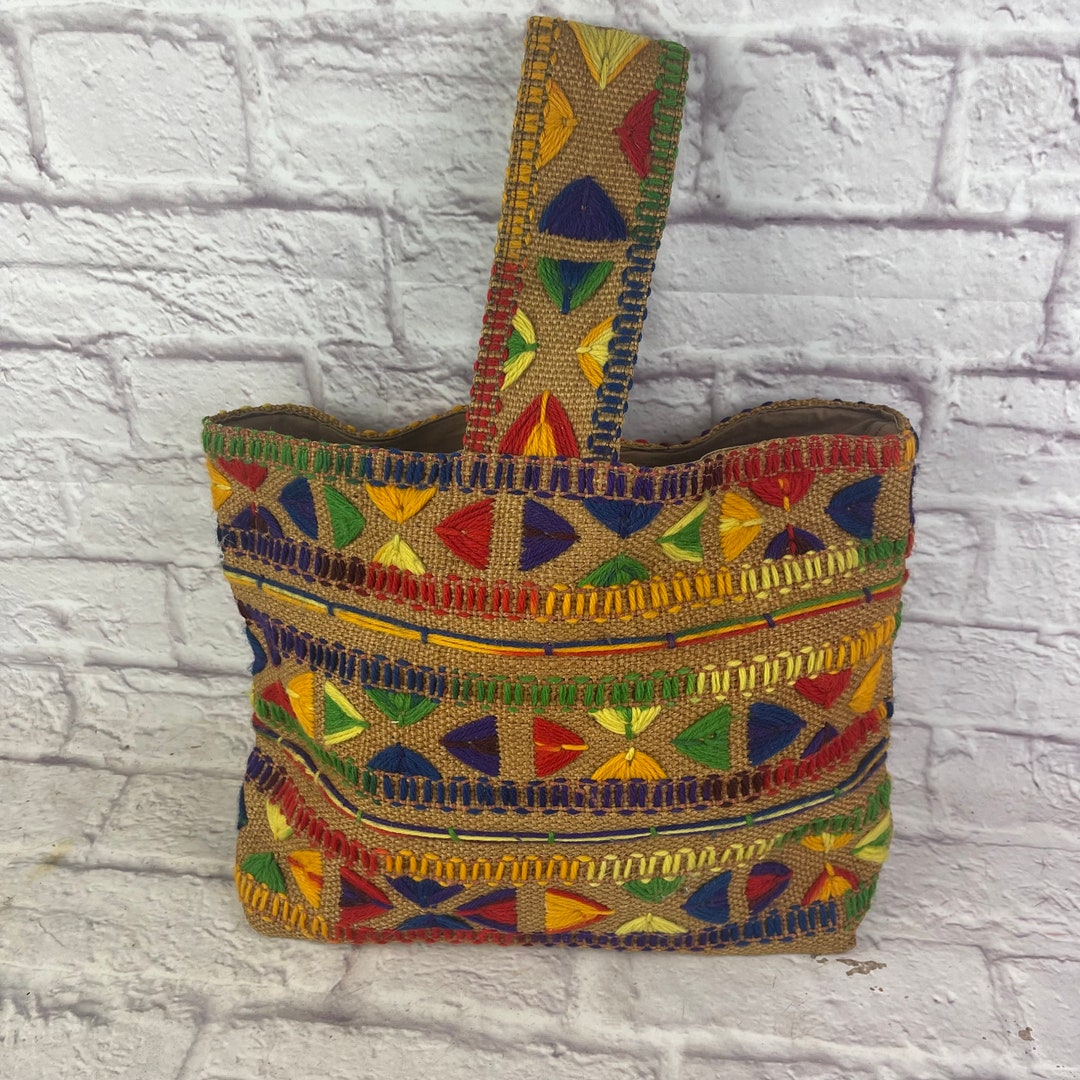 Vintage Woven Crewel Colorful Embroidery Burlap Style Market Bag Purse ...