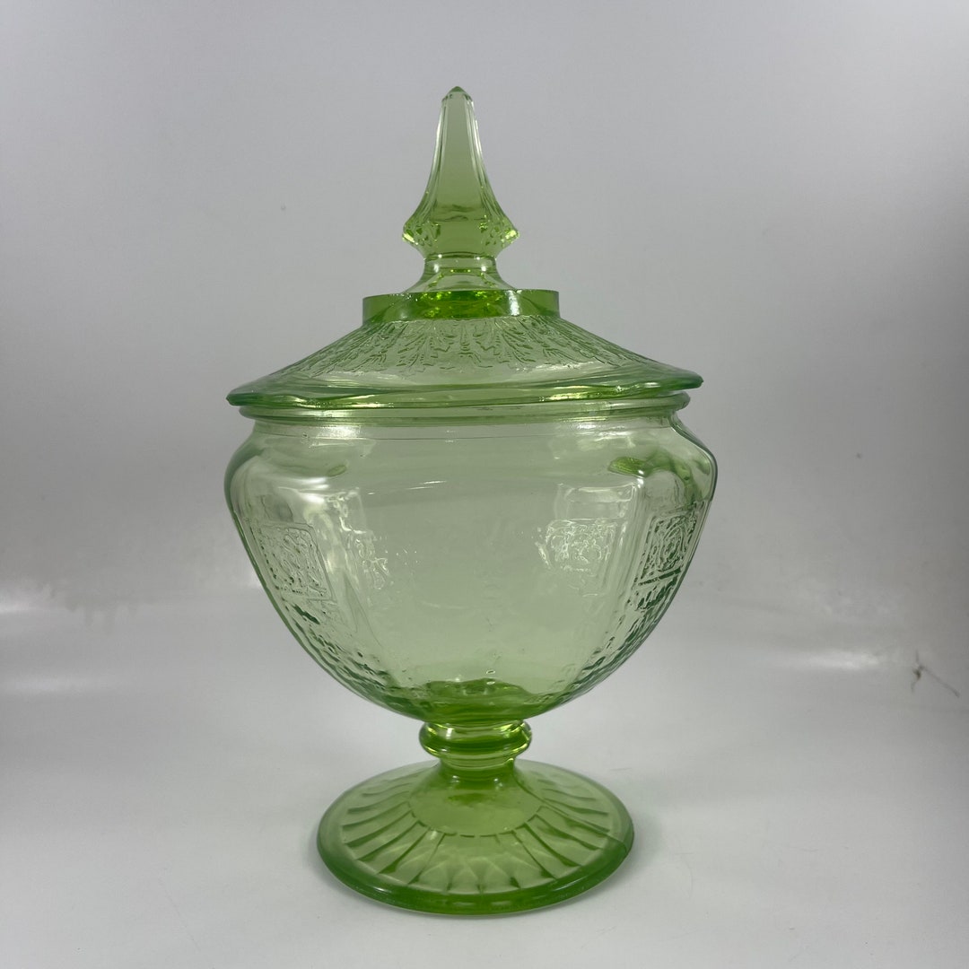 Vintage Anchor Hocking Green Depression Glass Princess Covered Candy ...