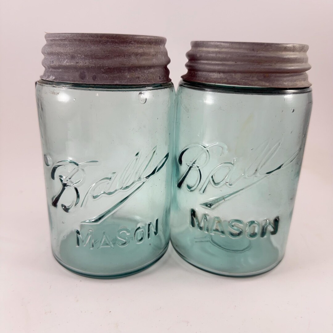 Pair of Early Vintage BALL Pint Size Aqua Blue Fruit Jars With Zinc ...