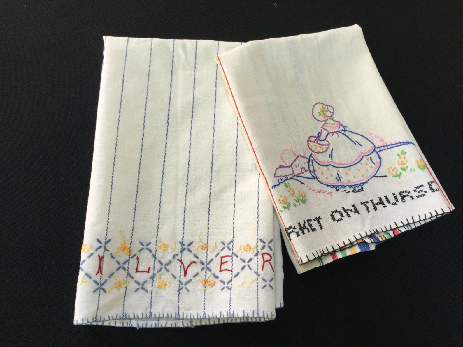 Pair of Vintage Hand Embroidery Kitchen Towels Silver and | Etsy