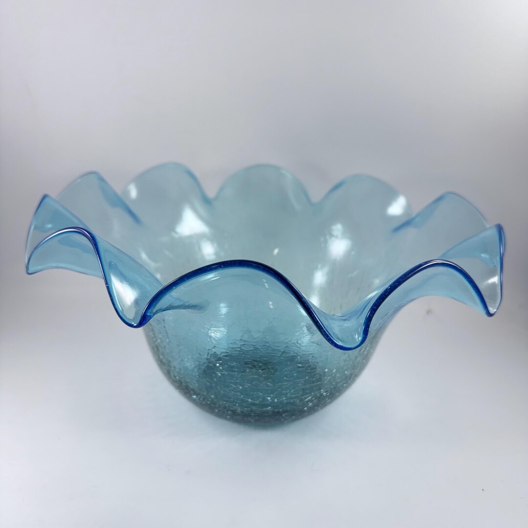 Vintage Blenko Blue Crackle Glass Ruffled Top Bowl - Etsy
