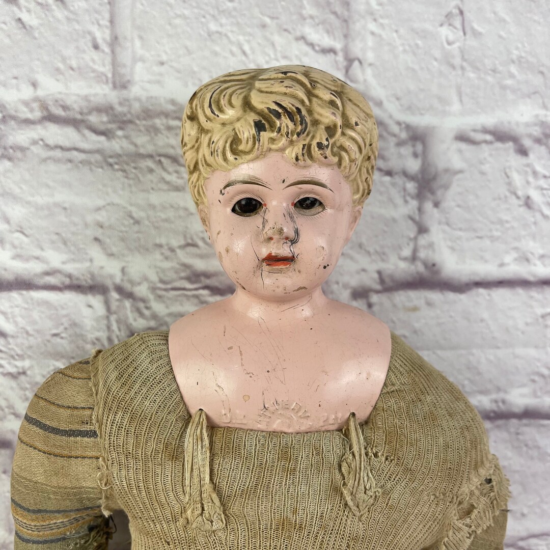 Antique Vintage Minerva Doll Ticking Arms Primitive Glass Eyes Creepy ...